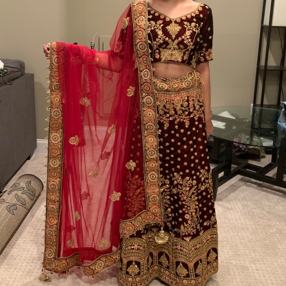 Dresses | Indian Maroon Velvet Bridal Outfit | Poshmark